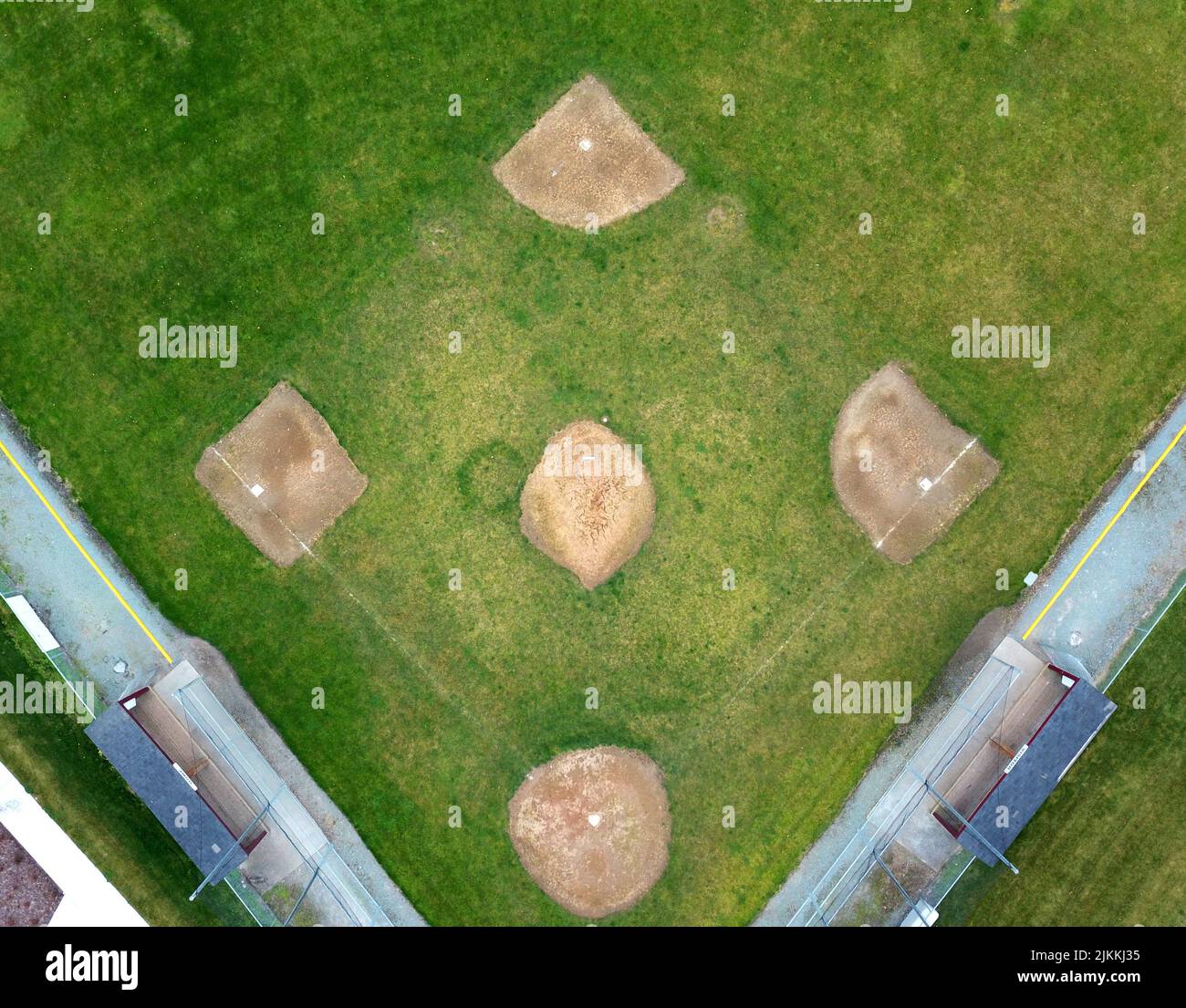 A top view of a beautiful lush green field with abstract-shaped patches ...