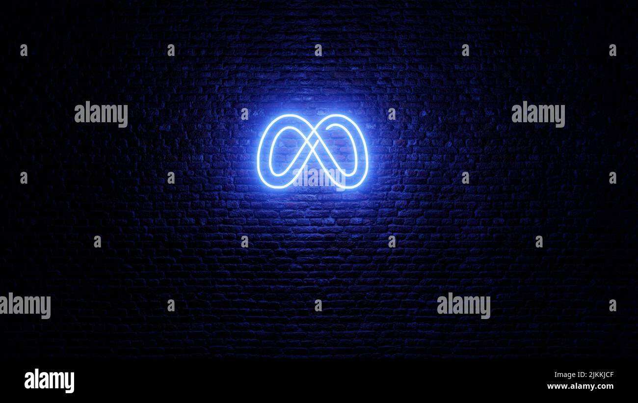 Neon Meta icon brick wall background. Social media icon. Facebook Stock ...