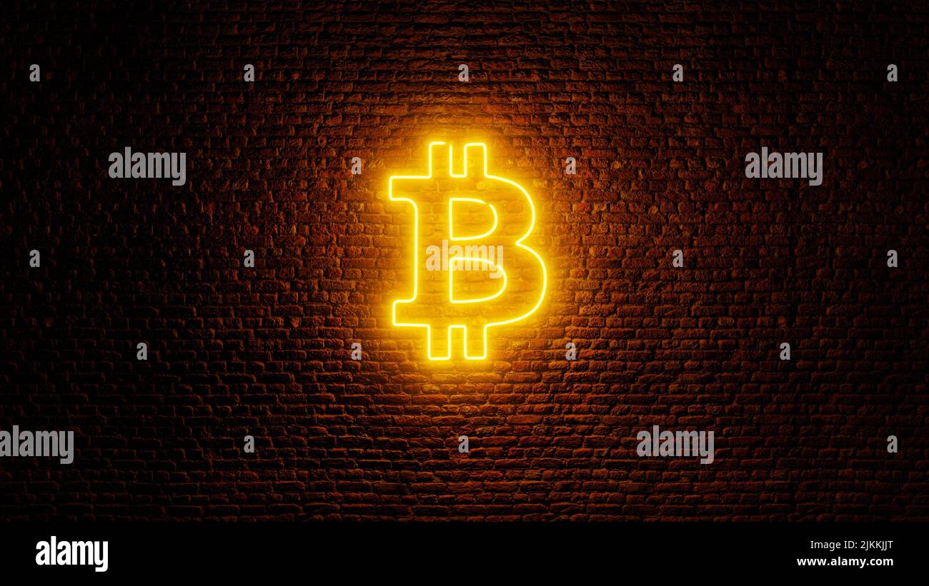 Neon bitcoin crypto currency icon brick wall background. Blockchain ...