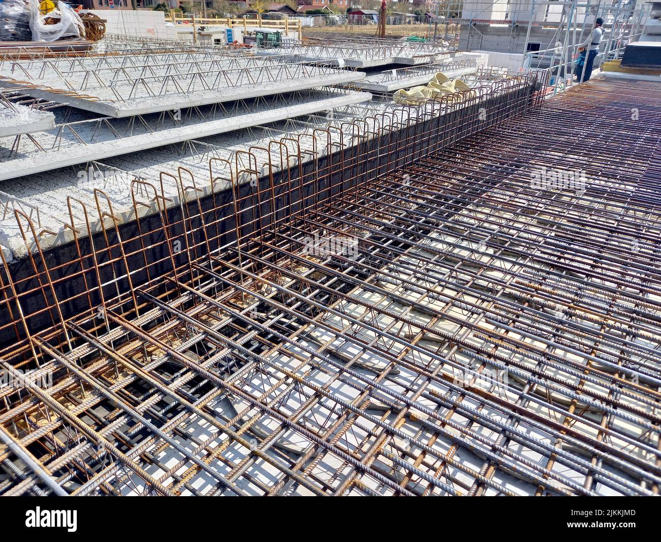 A concrete reinforcement steel foundation in a construction site Stock ...
