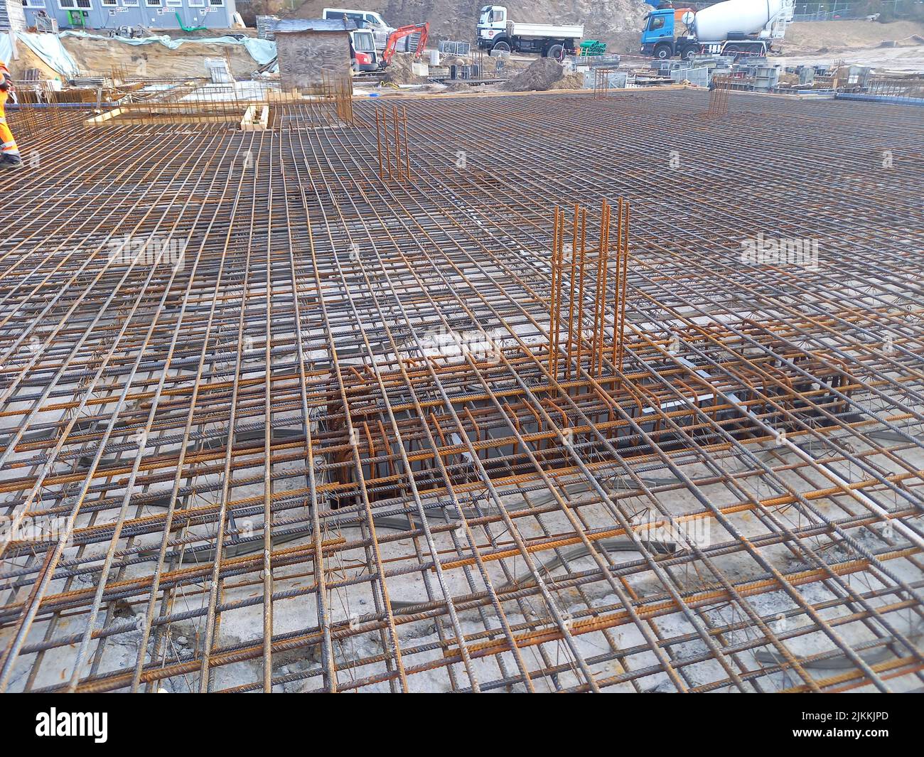 A concrete reinforcement steel foundation in a construction site Stock ...