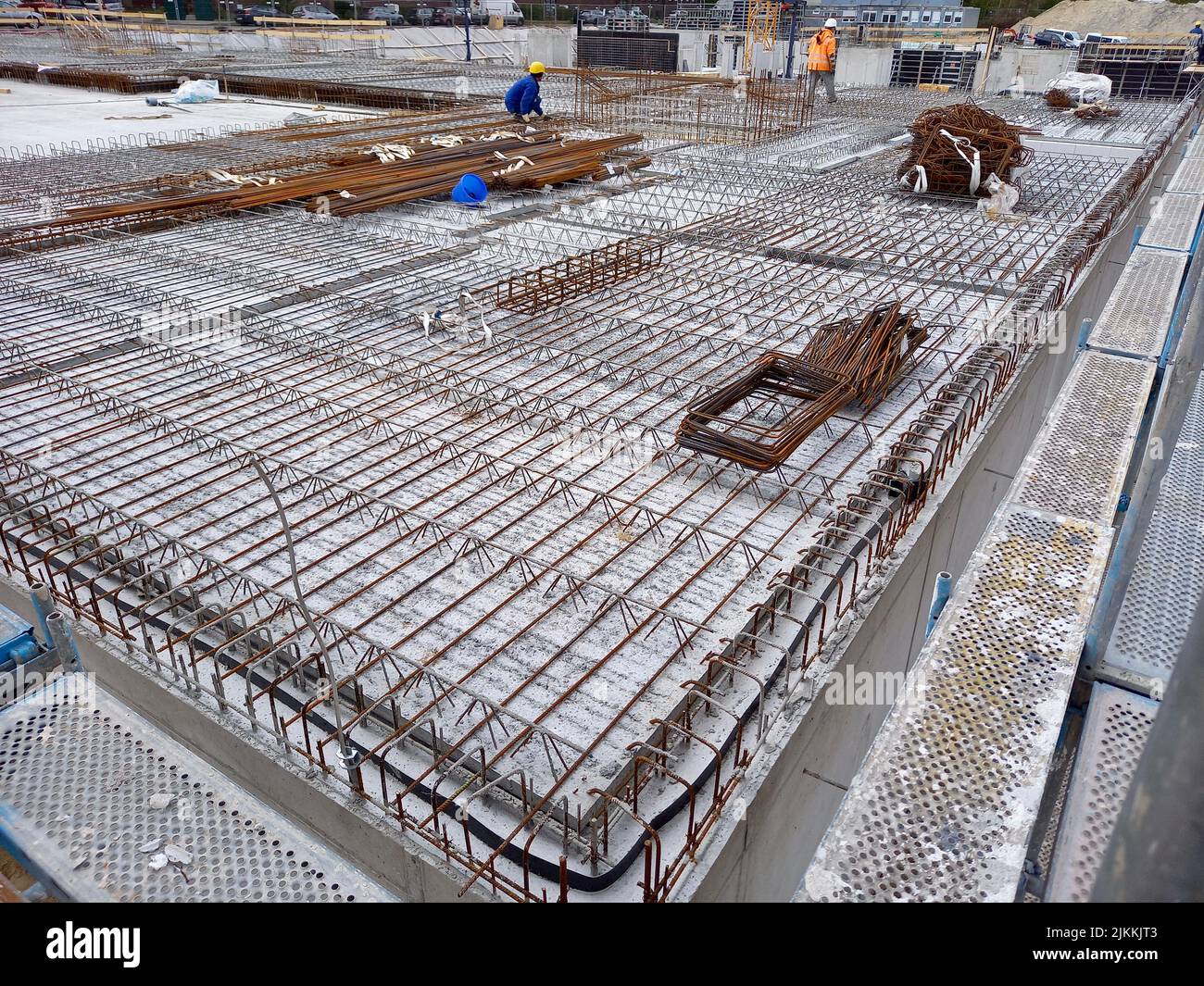 A concrete reinforcement steel foundation in a construction site Stock ...