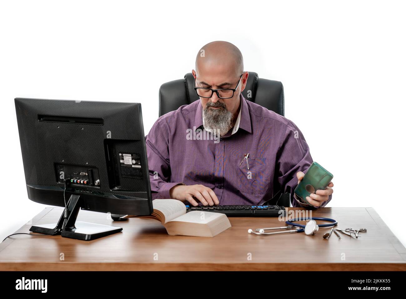 A portrait of a doctor doing research in his office isolated on white ...