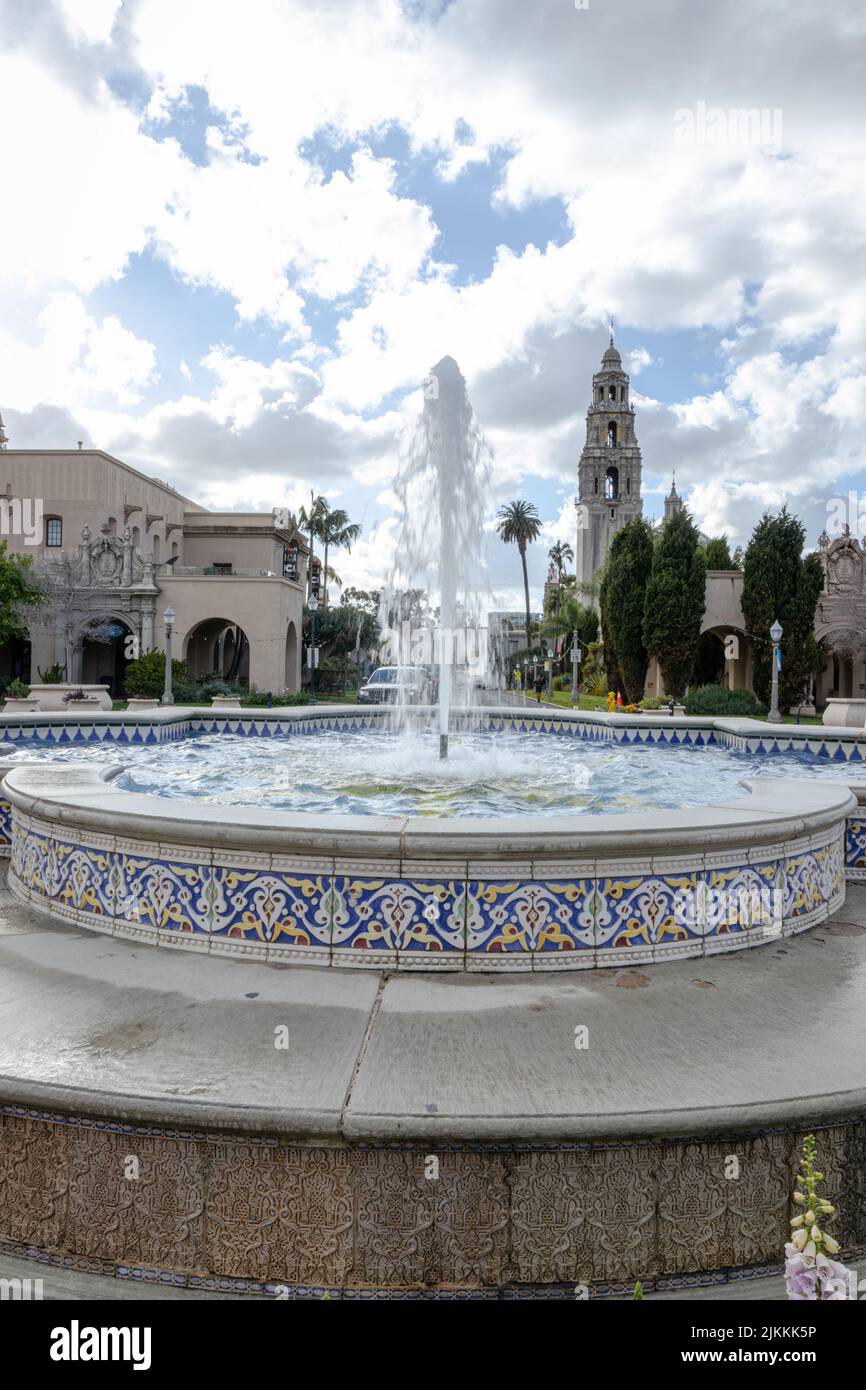A vertical view of the beautiful fountain and architecture in Balboa ...