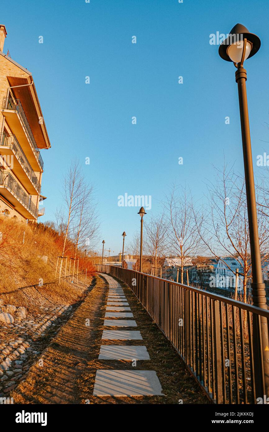 A vertical shot of a stone tiles walkway path next to the neighborhood ...