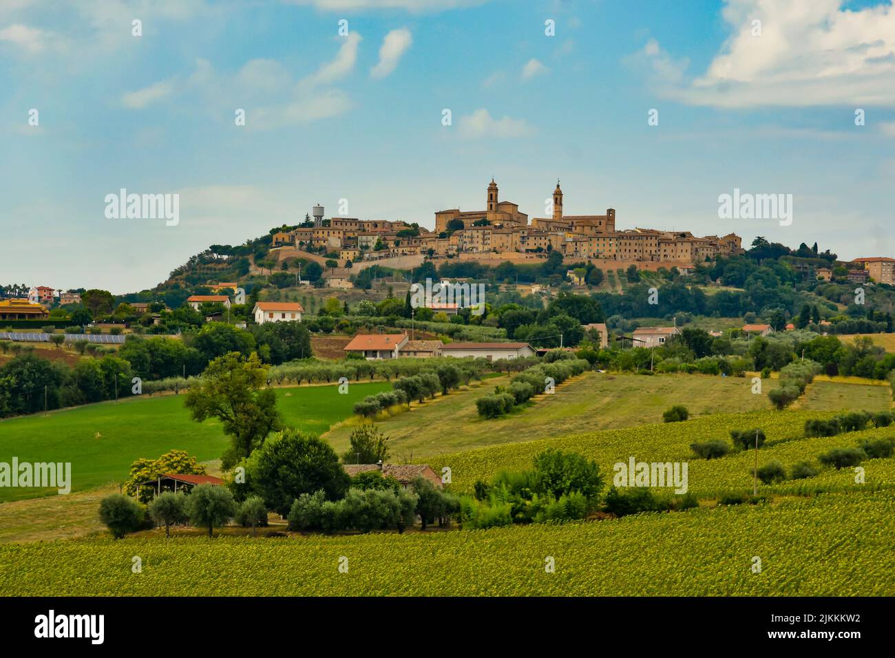 A landscape of Montecosaro, an old town in the Marche region of Italy ...