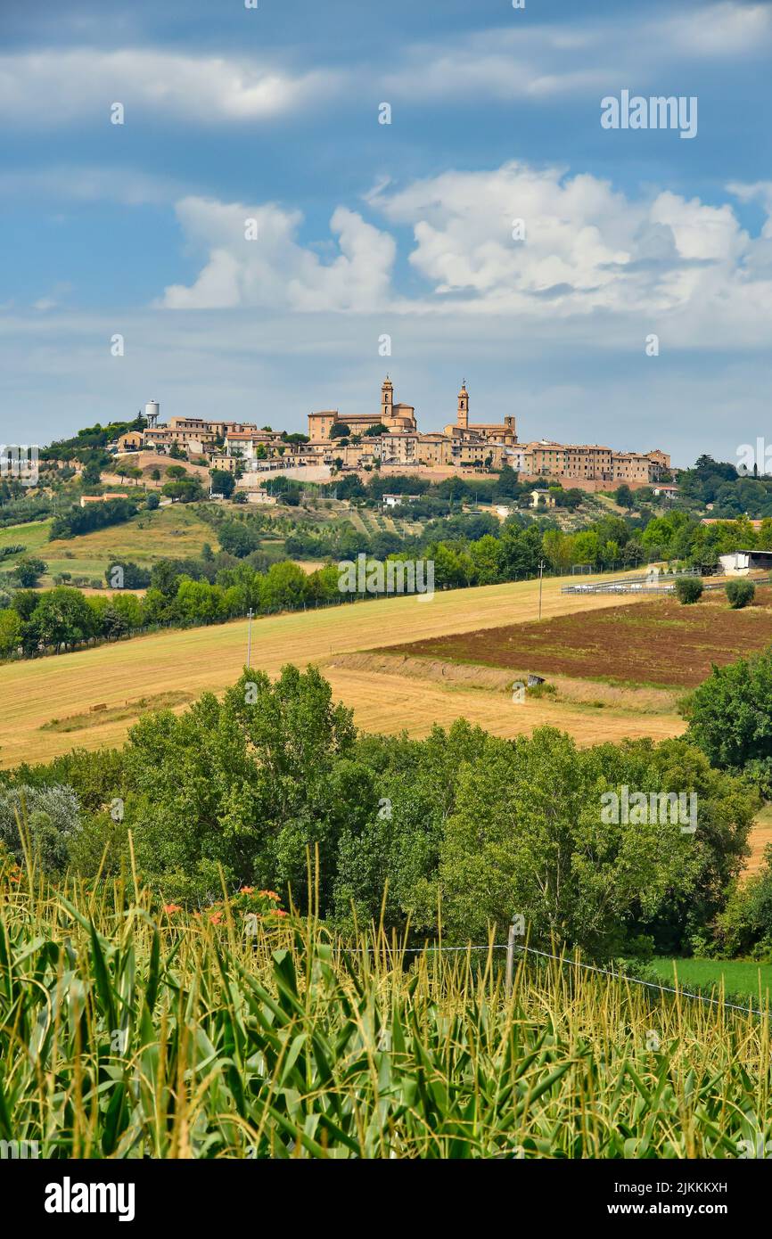 A landscape of Montecosaro, an old town in the Marche region of Italy ...