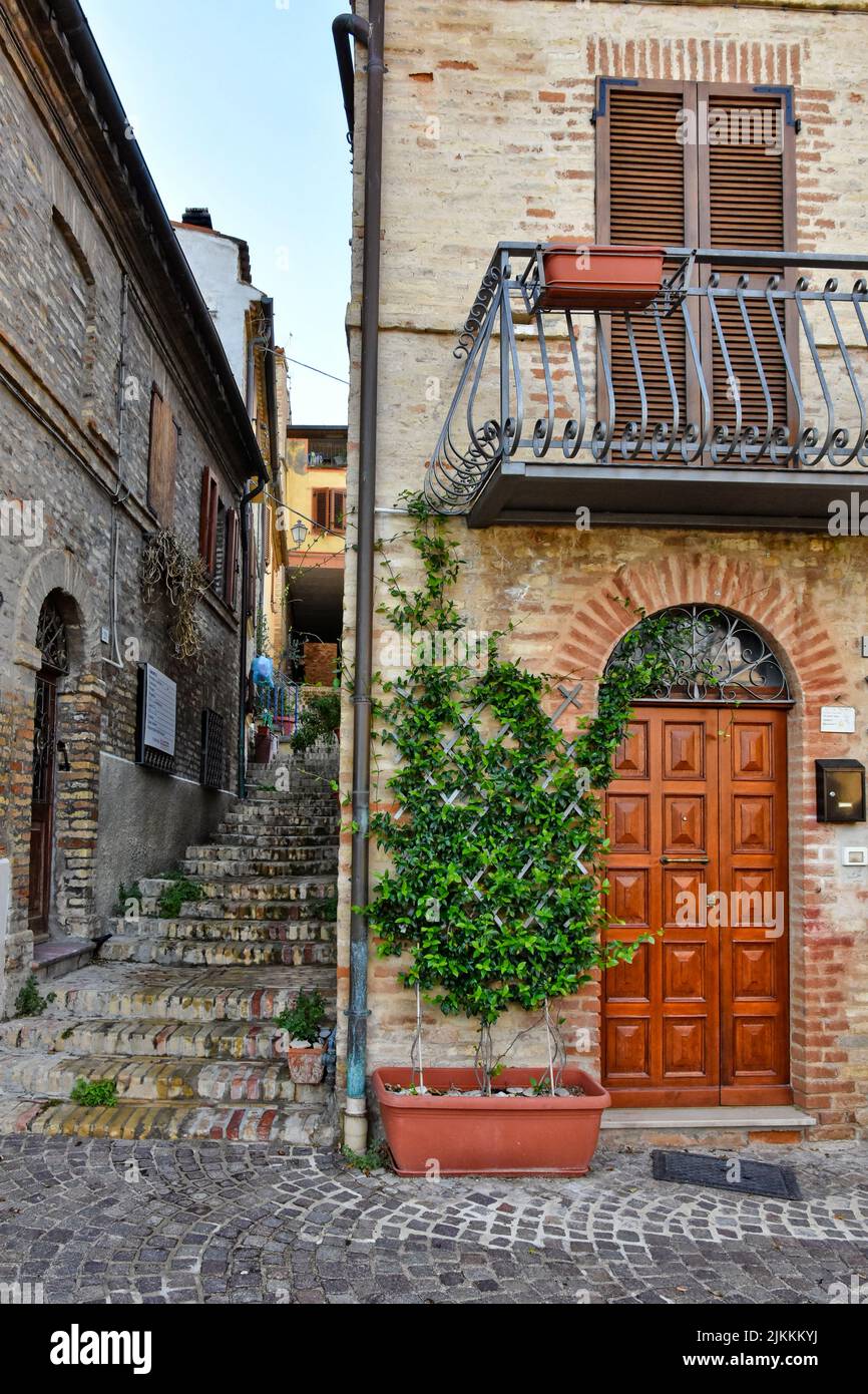A vertical shot of narrow street of Civitanova Alta, a medieval town in ...