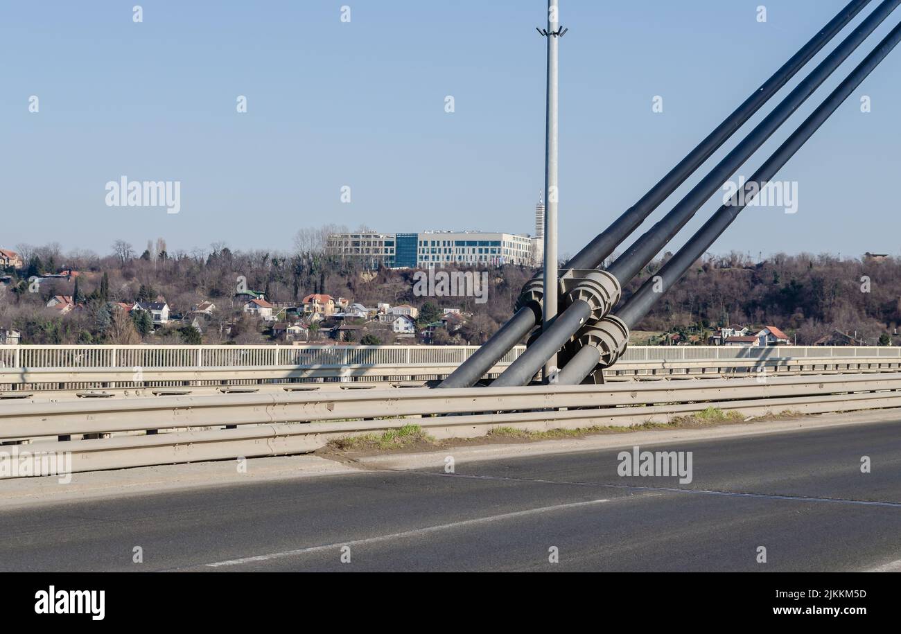 Cables on the Liberty Bridge over the river Danube in the city of Novi ...