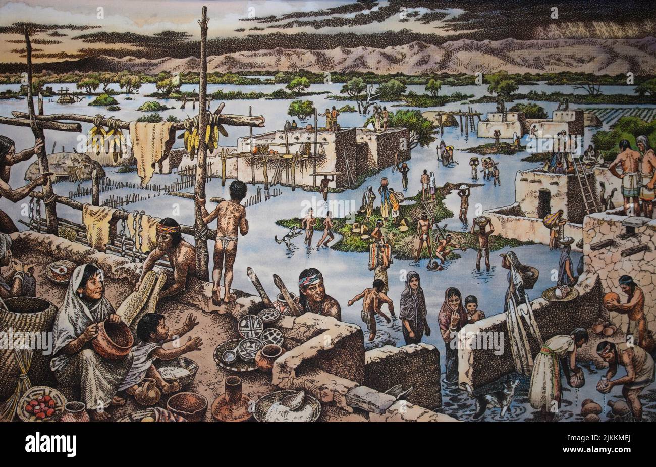 Illustration of a Hohokam community, known as Pueblo Grande, being ...