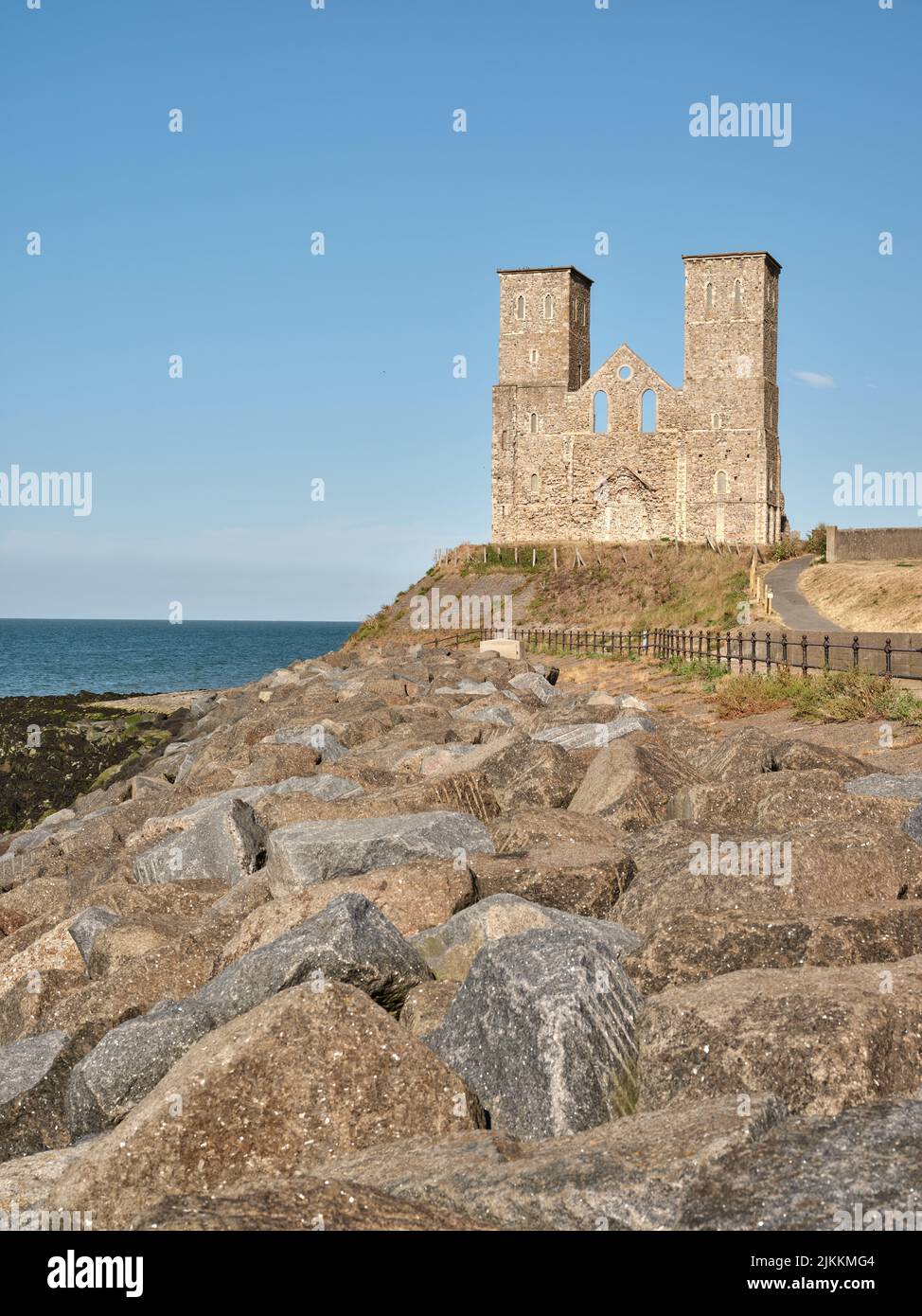 Reculver Towers and Roman Fort and coastline at Reculver Kent England ...