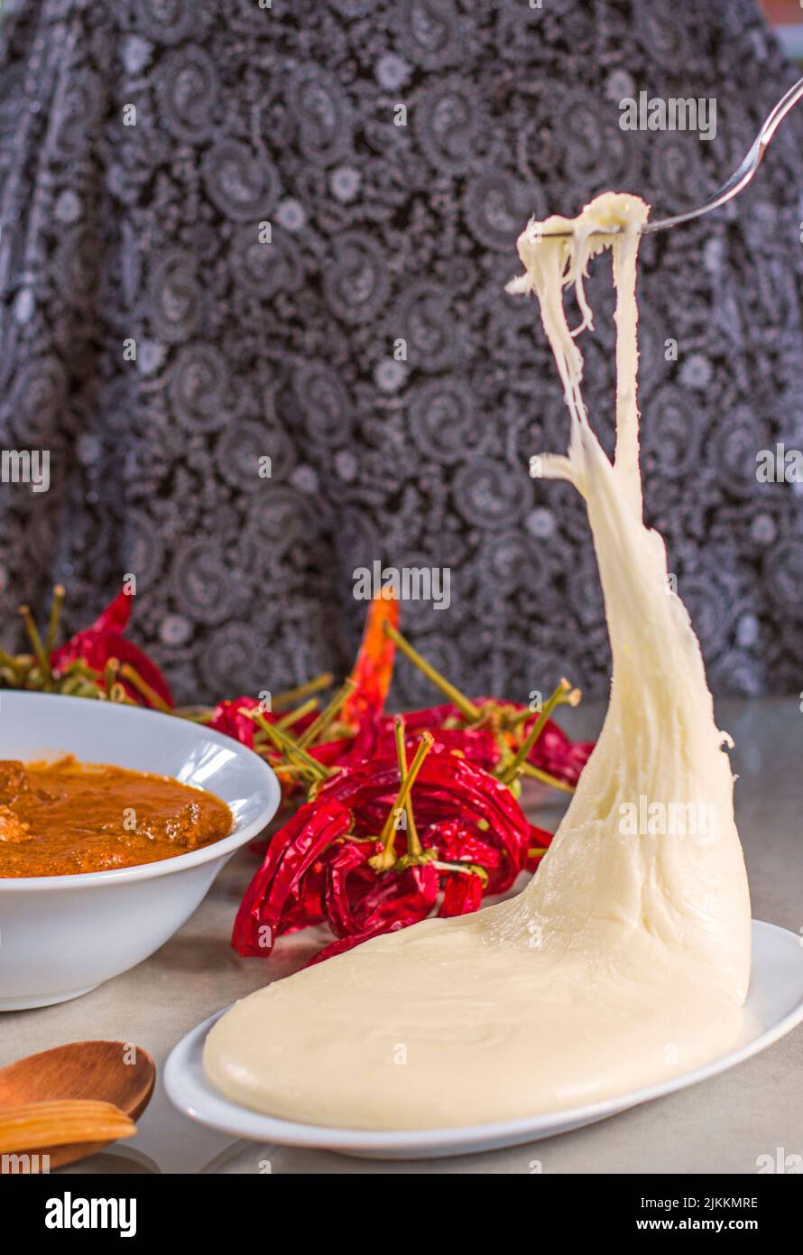 Georgian traditional food Elarji or cornflour with cheese and soup ...