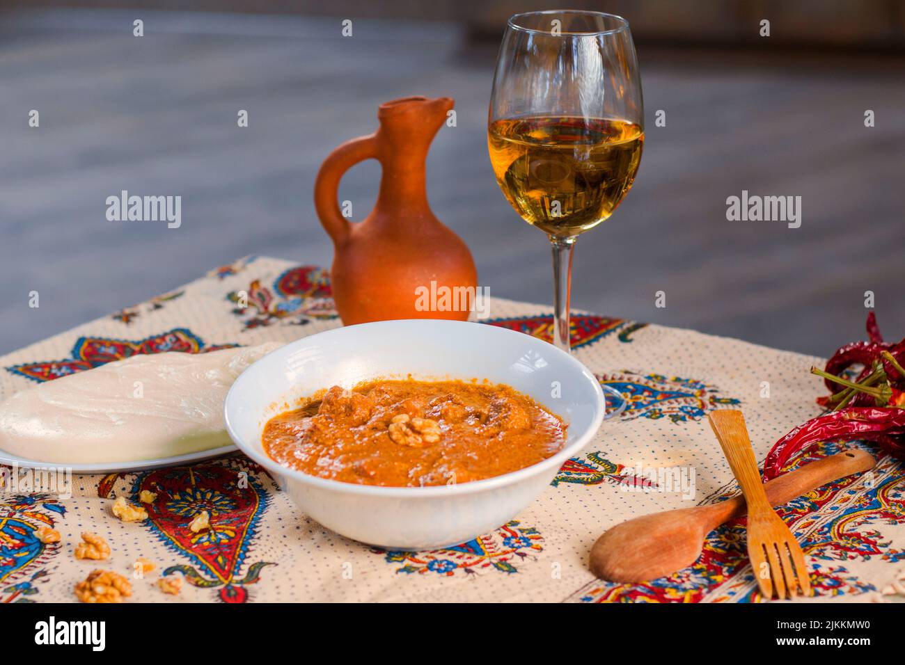 Georgian traditional food soup Kharcho or walnuts souse with beef meal ...