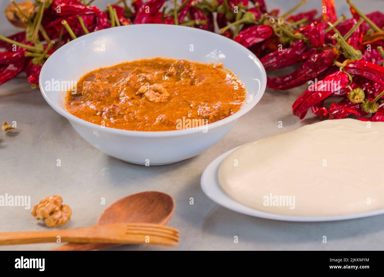 Georgian traditional food Elarji or cornflour with cheese and soup ...