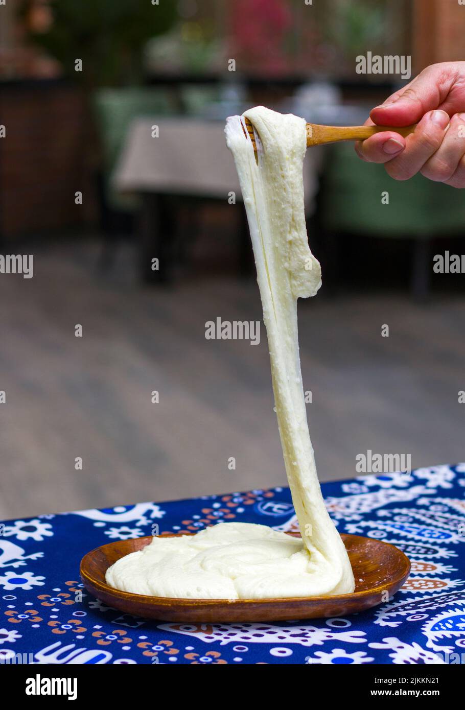 Georgian traditional food Elarji, meal with cheese and corn, baked and ...