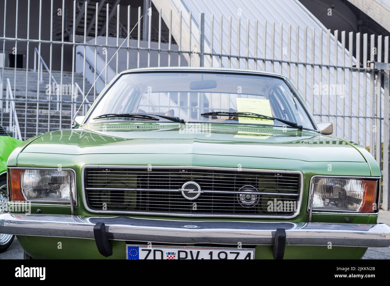 A green Opel Rekord car, displayed at a classic car exhibition in Zadar ...