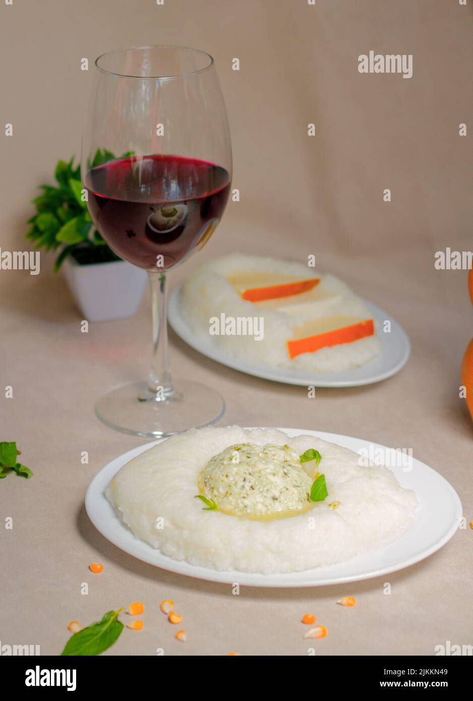 A vertical closeup of Georgian traditional food ghomi with cheese and ...