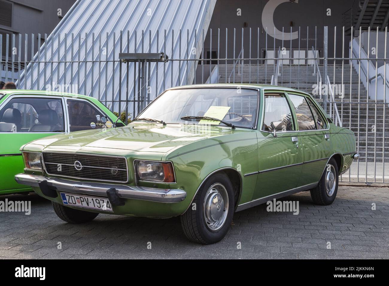 A green Opel Rekord car, displayed at a classic car exhibition in Zadar ...