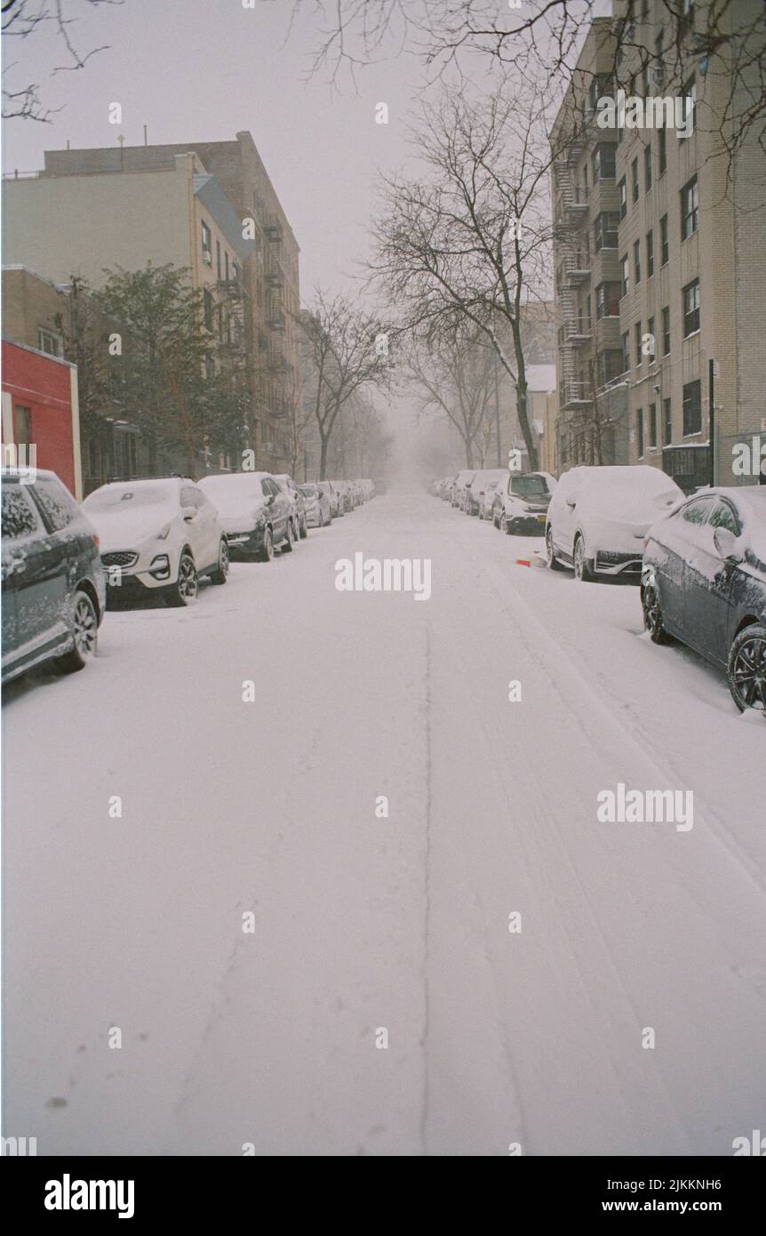 A beautiful shot of cars covered with snow parked on sides of the road ...