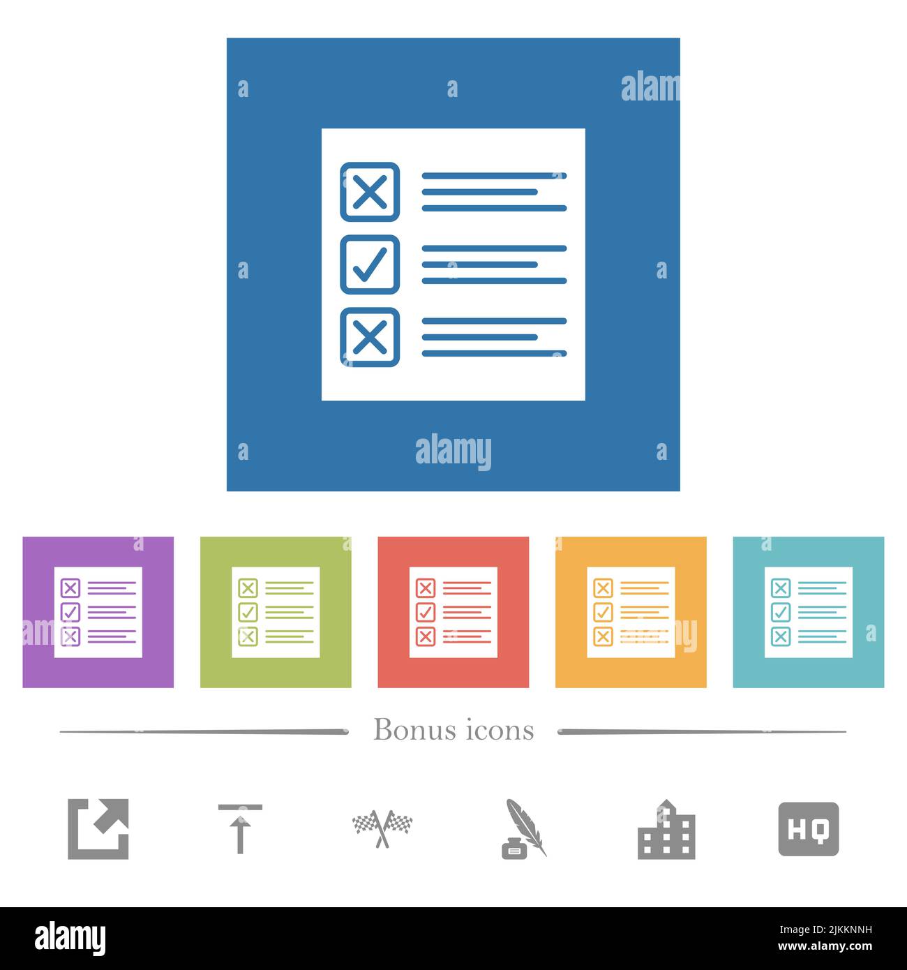 Questionnaire paper solid flat white icons in square backgrounds. 6 ...