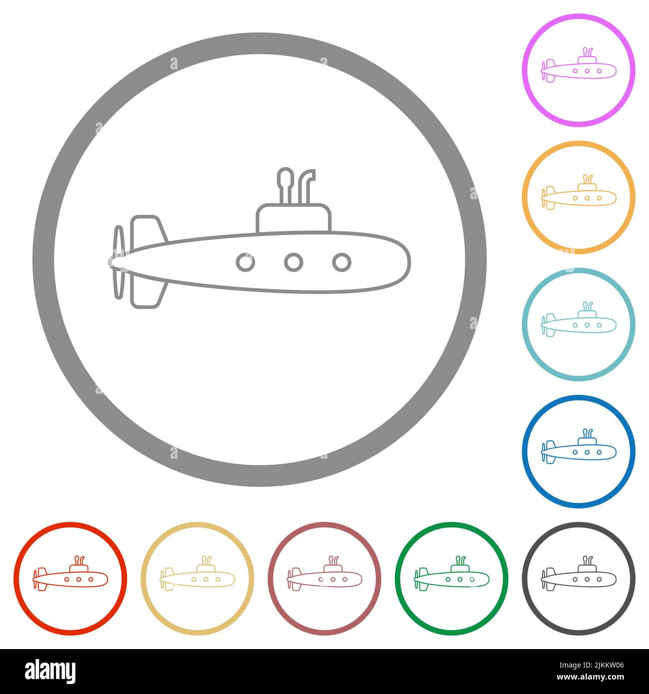 Submarine outline flat color icons in round outlines on white ...
