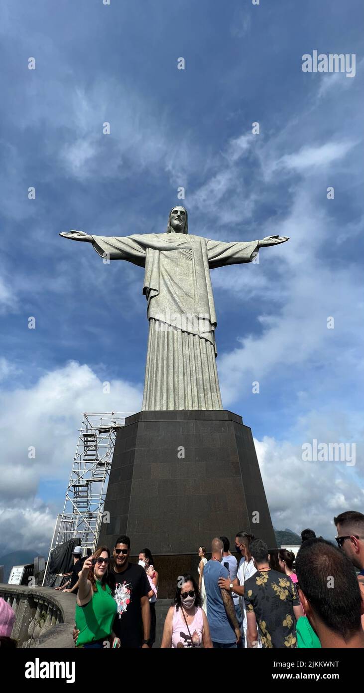 A crowd of tourists at the Christ the Redeemer statue in Rio de Janeiro ...