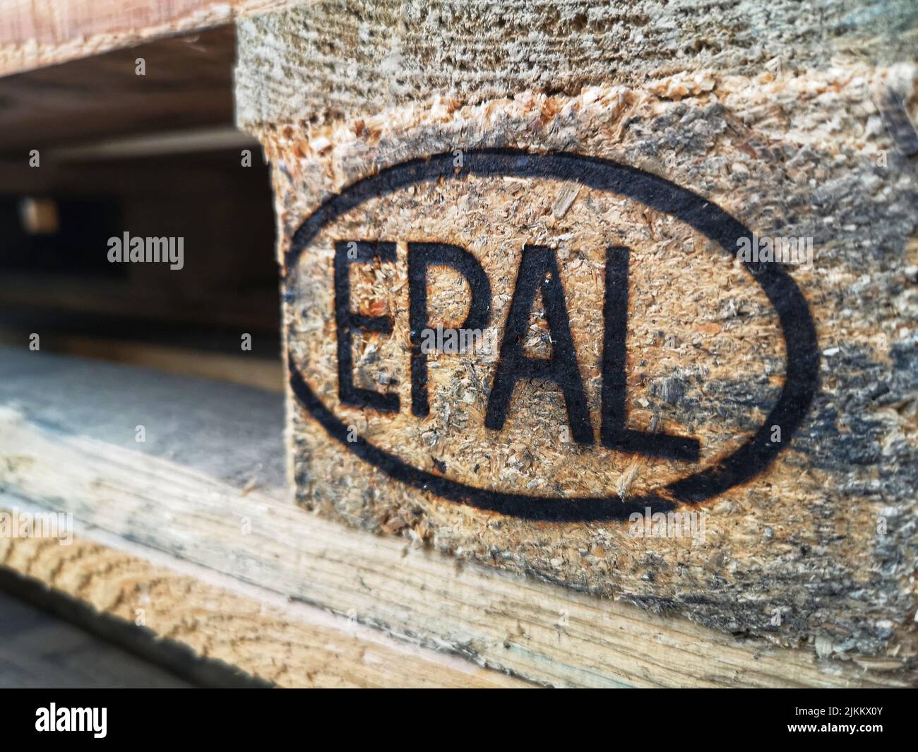 A closeup of Epal brand pallets stacked Stock Photo - Alamy