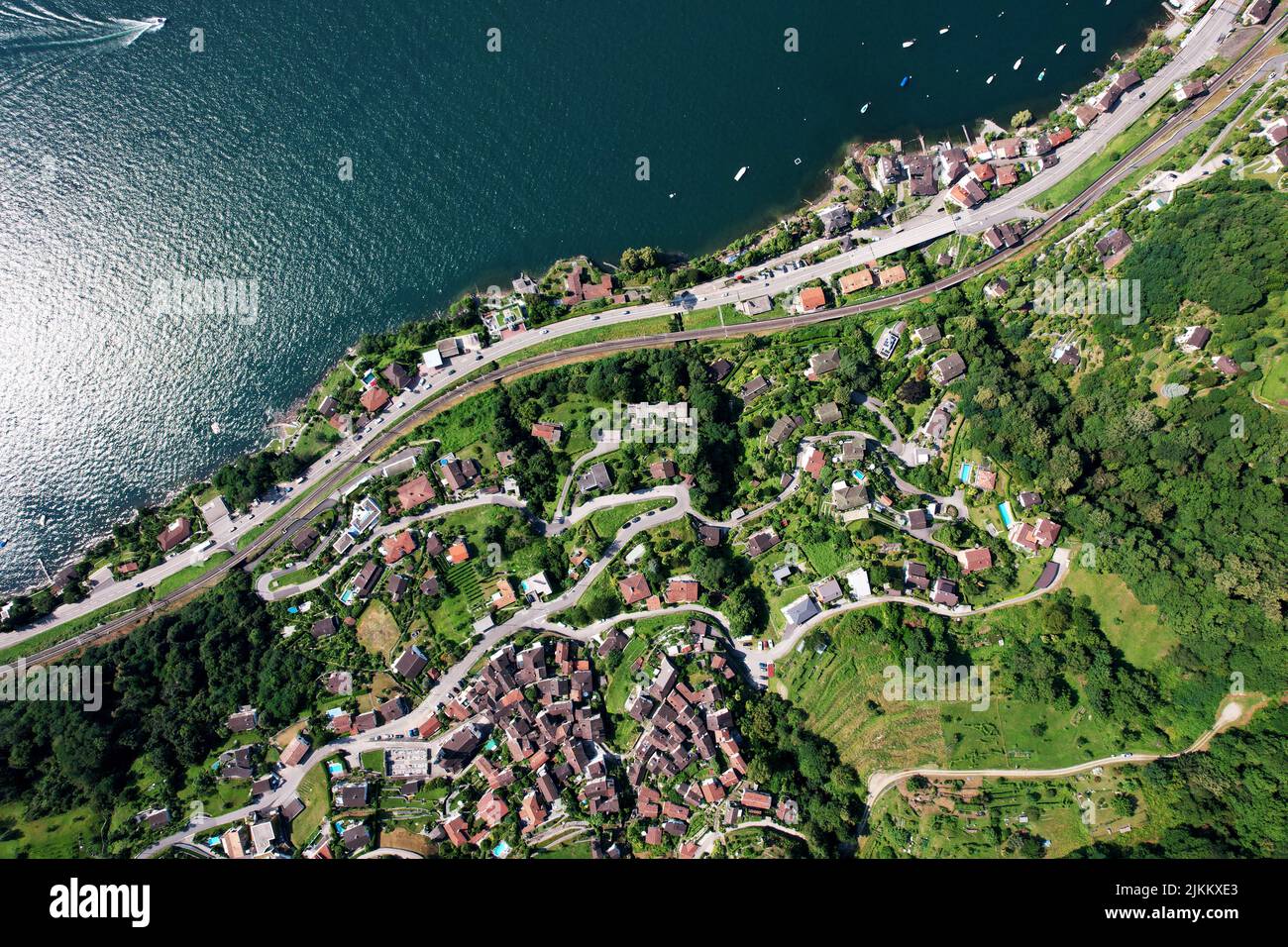 An aerial view of a village on the shore of the Lake Maggiore ...