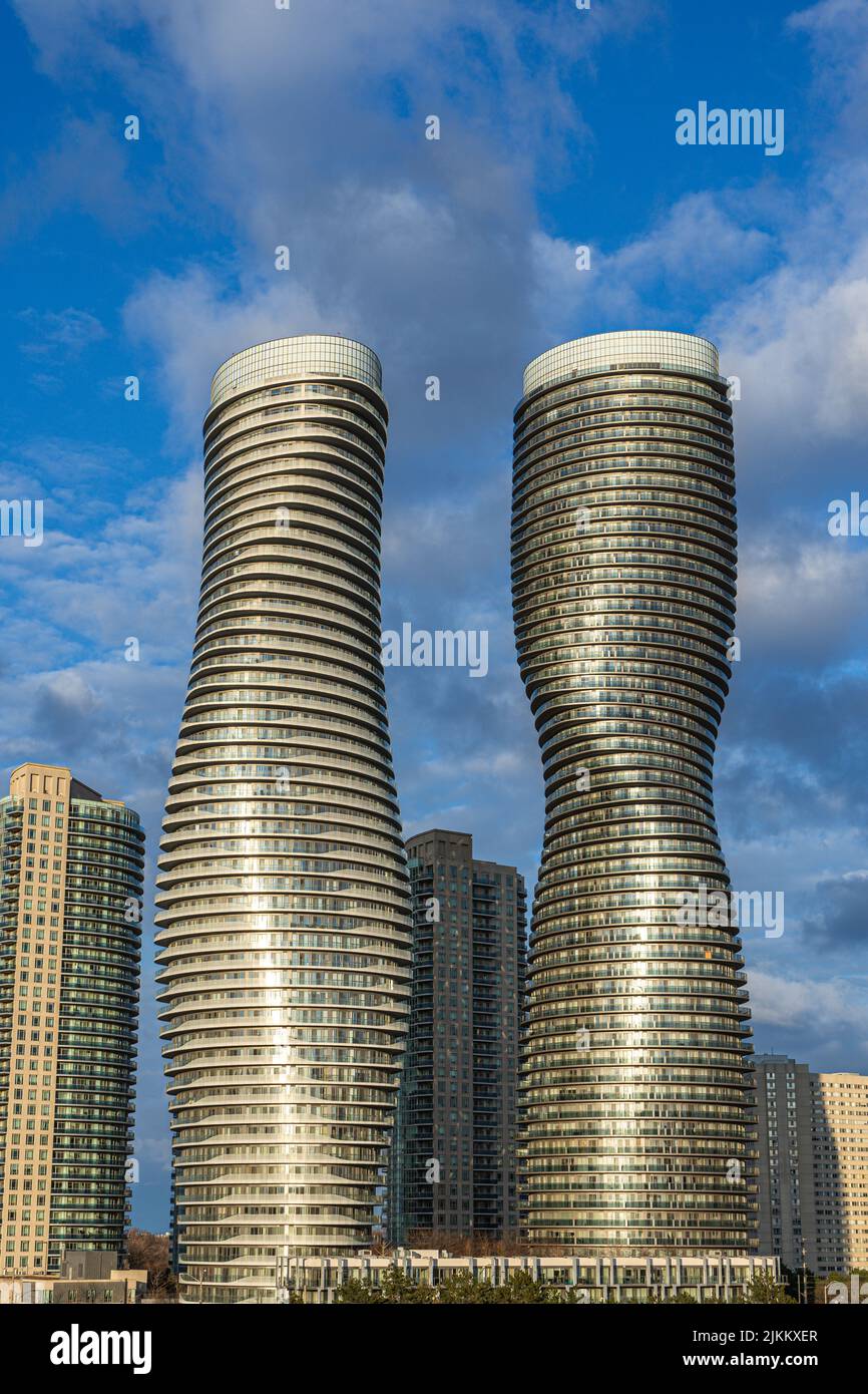 A view of Absolute World twin tower residential skyscraper complex in Mississauga, Ontario ...