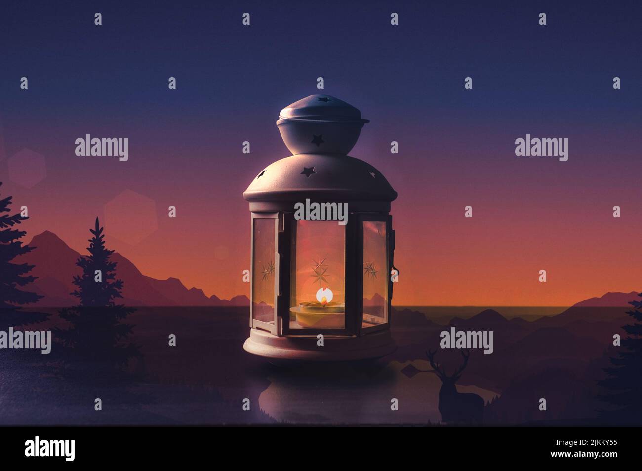 A 3d render of a beautiful lighted Lantern with natural background and ...