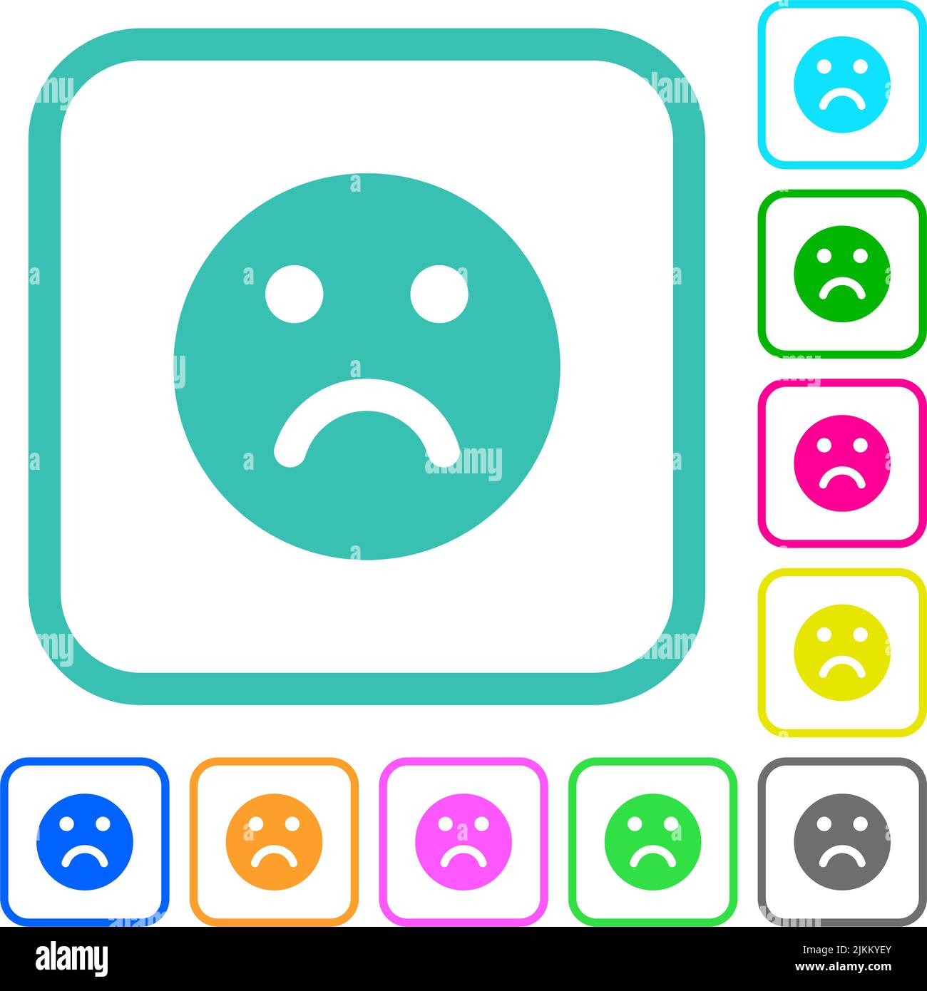 Sad emoticon solid vivid colored flat icons in curved borders on white ...