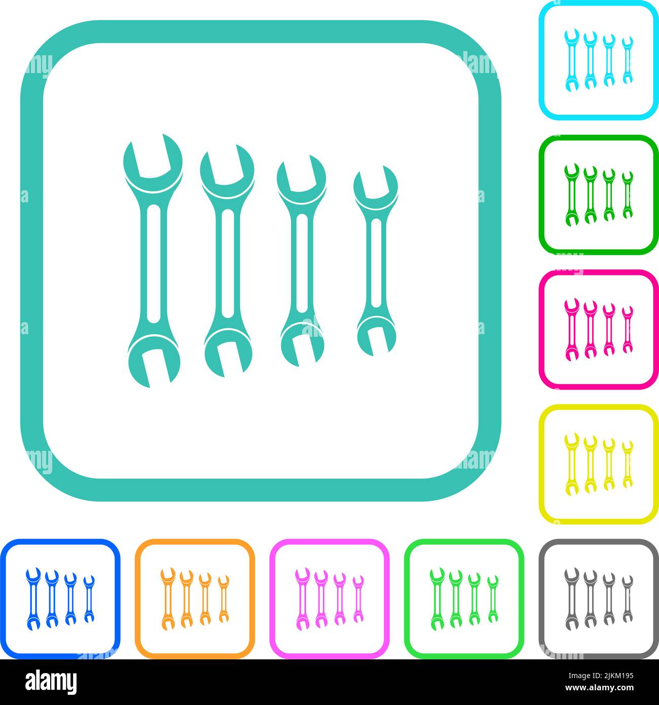 Set of wrenches vivid colored flat icons in curved borders on white ...