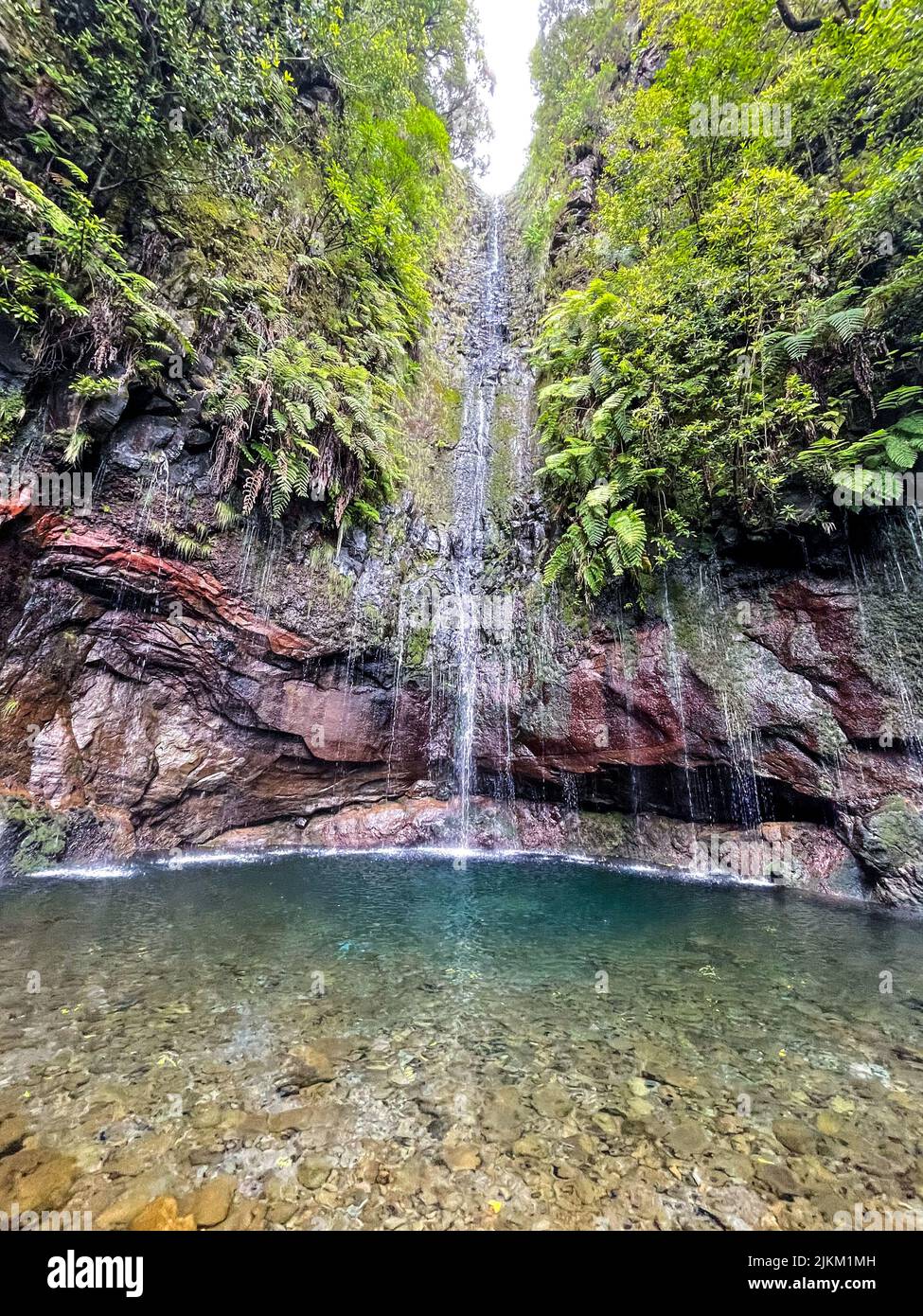 A low angle shot of a waterfall flowing down the rocks covered with ...