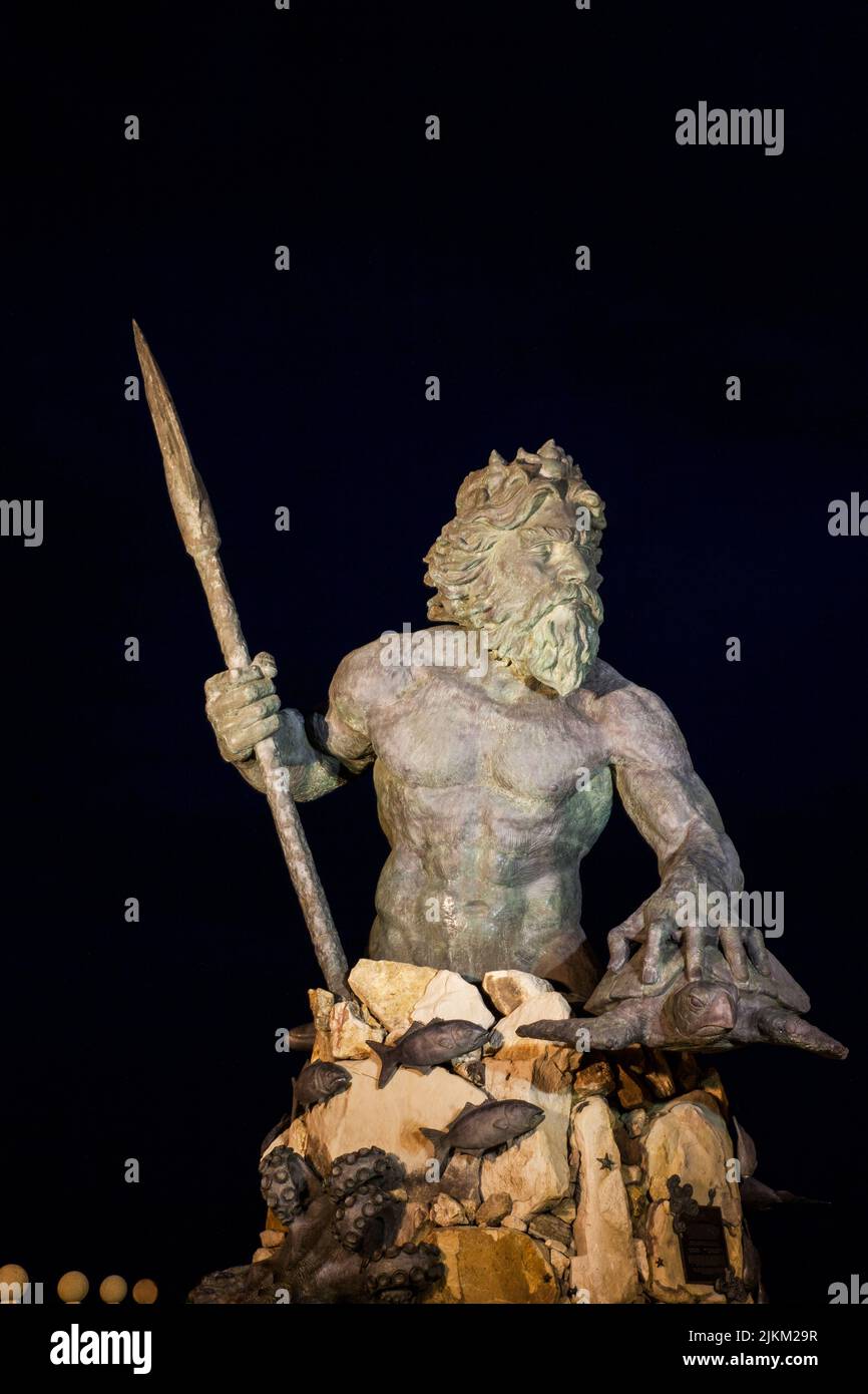 King Neptune bronze statue by Paul DiPasquale at night on Virginia ...