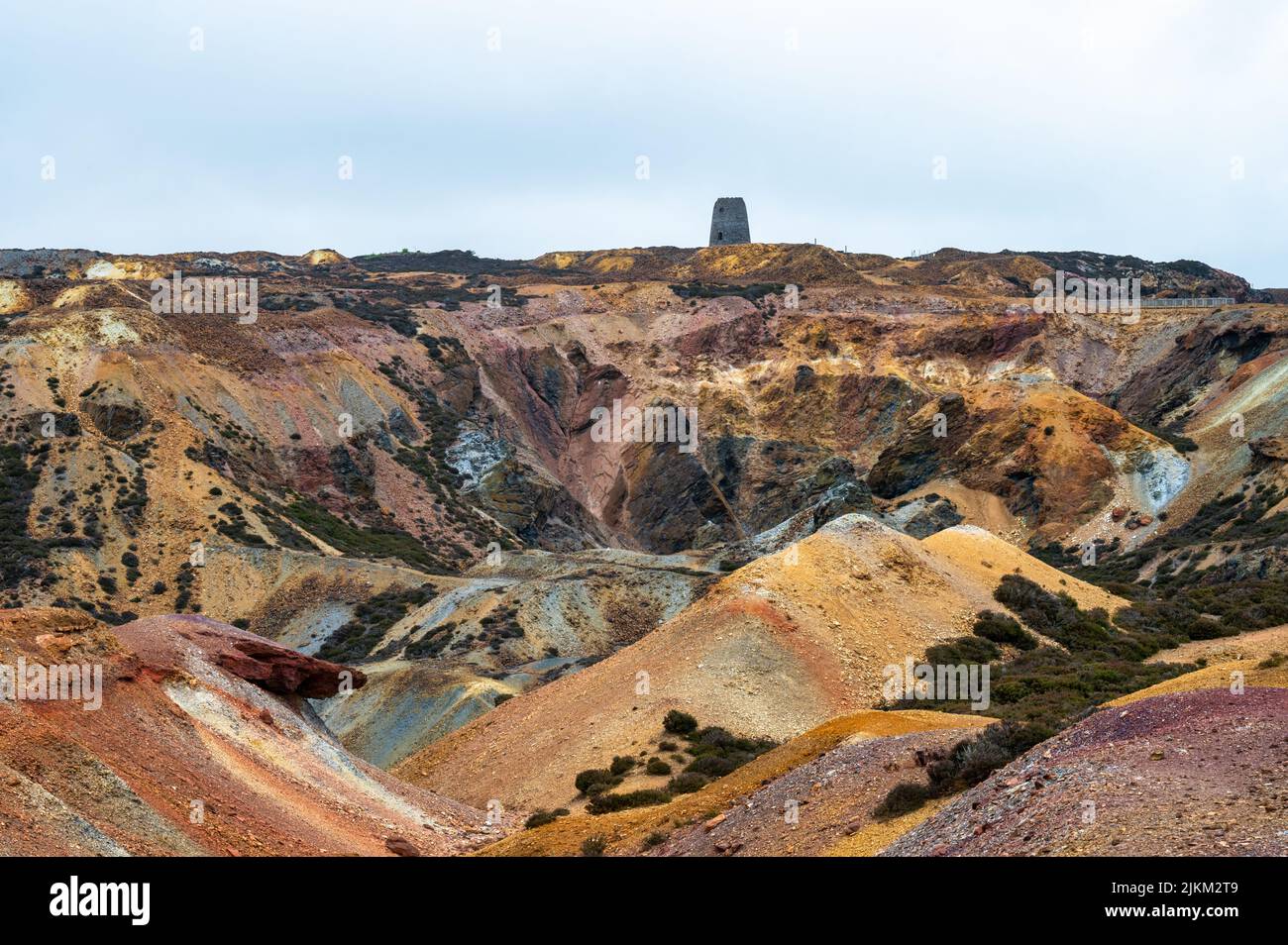 The different coloured land scape of the disused opencast copper mine ...