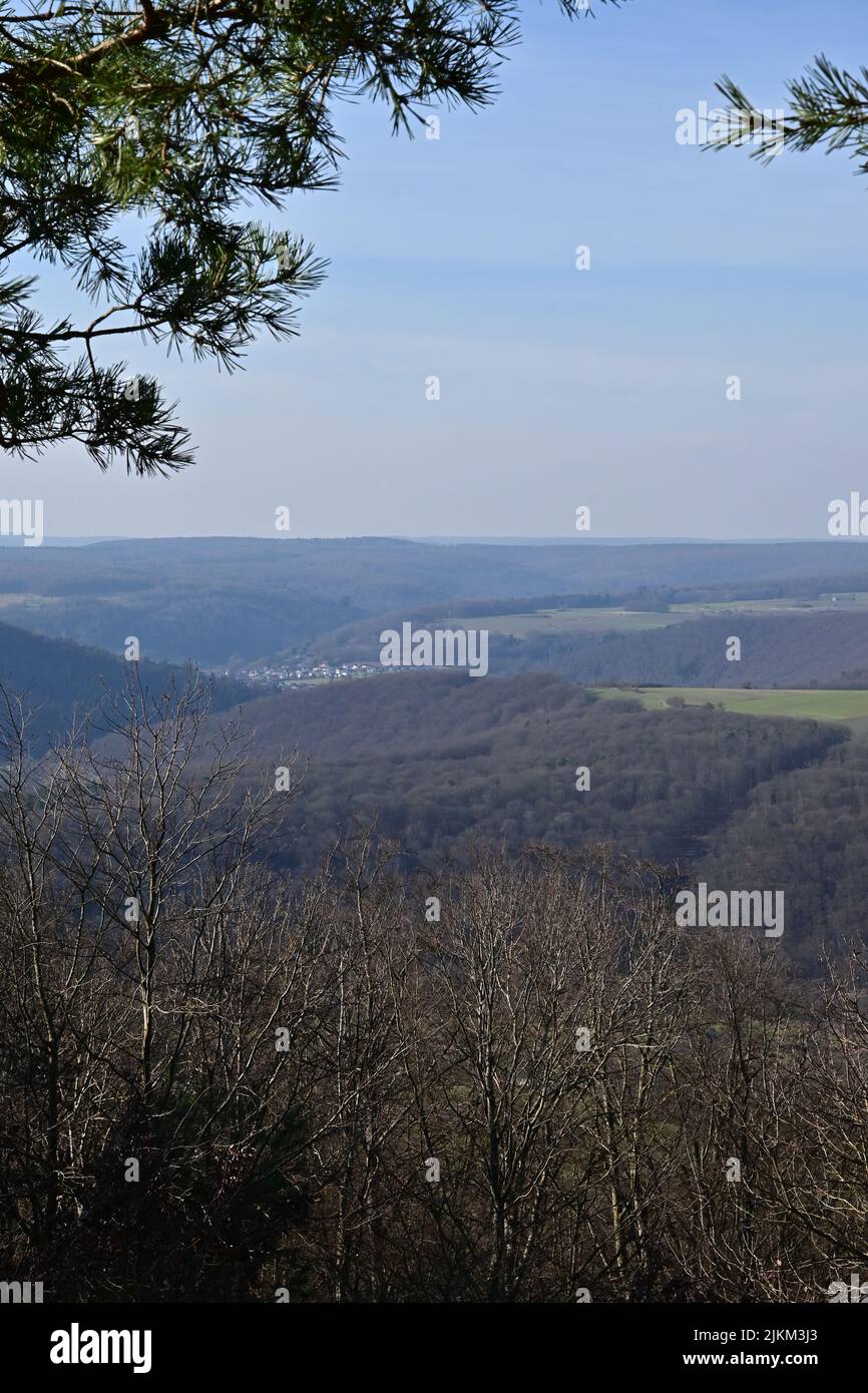 An aerial view of a mountainous landscape with Sodenberg volcano and ...