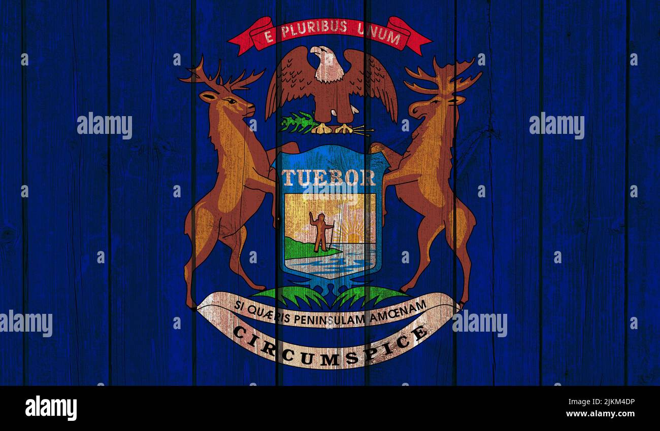 Top view of Old Painted Flag of Michigan state, USA on Dark Wooden ...