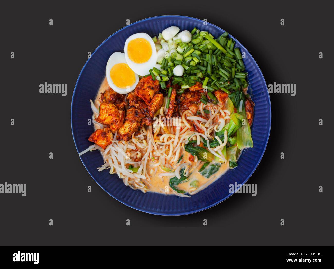 Japanese ramen soup with noodles, chicken, egg, chives, spring onion ...