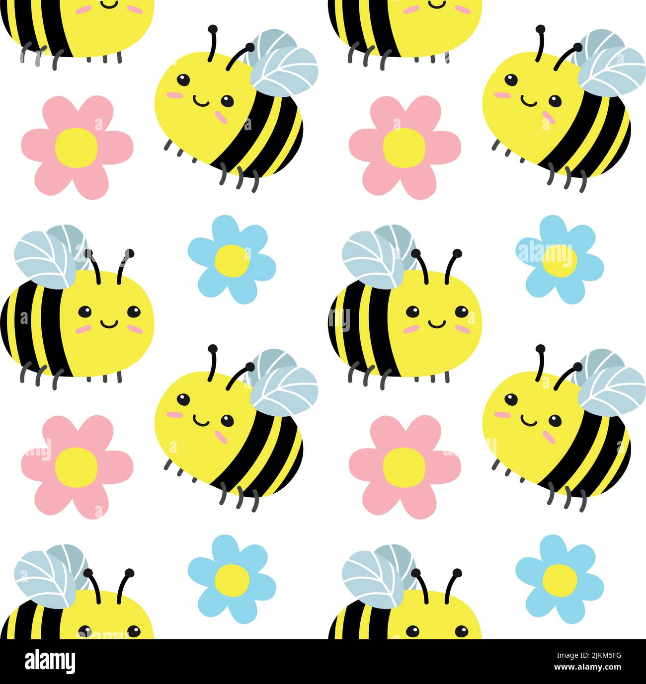 Vector seamless pattern of flat hand drawn bumblebee bee and flower ...
