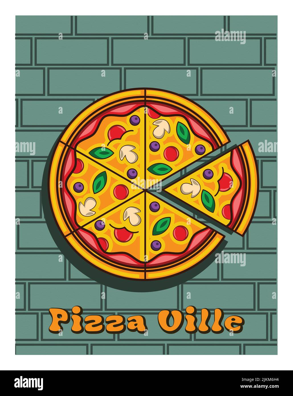 A vertical illustration of a round six-piece pizza with Pizza Ville ...