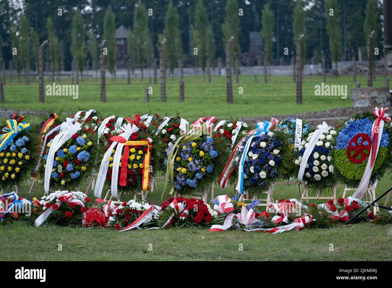 March 11, 2000, Brzezinka, Poland: Wreaths and flowers lay on the grass ...