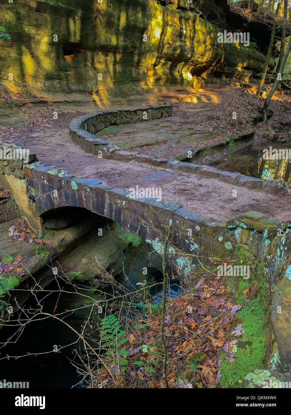 A small stone bridge over the river in the mossy forest with an old ...