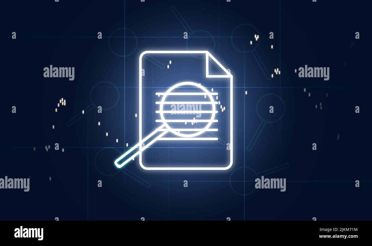 Document and magnifier icons on blue background. Data validation ...