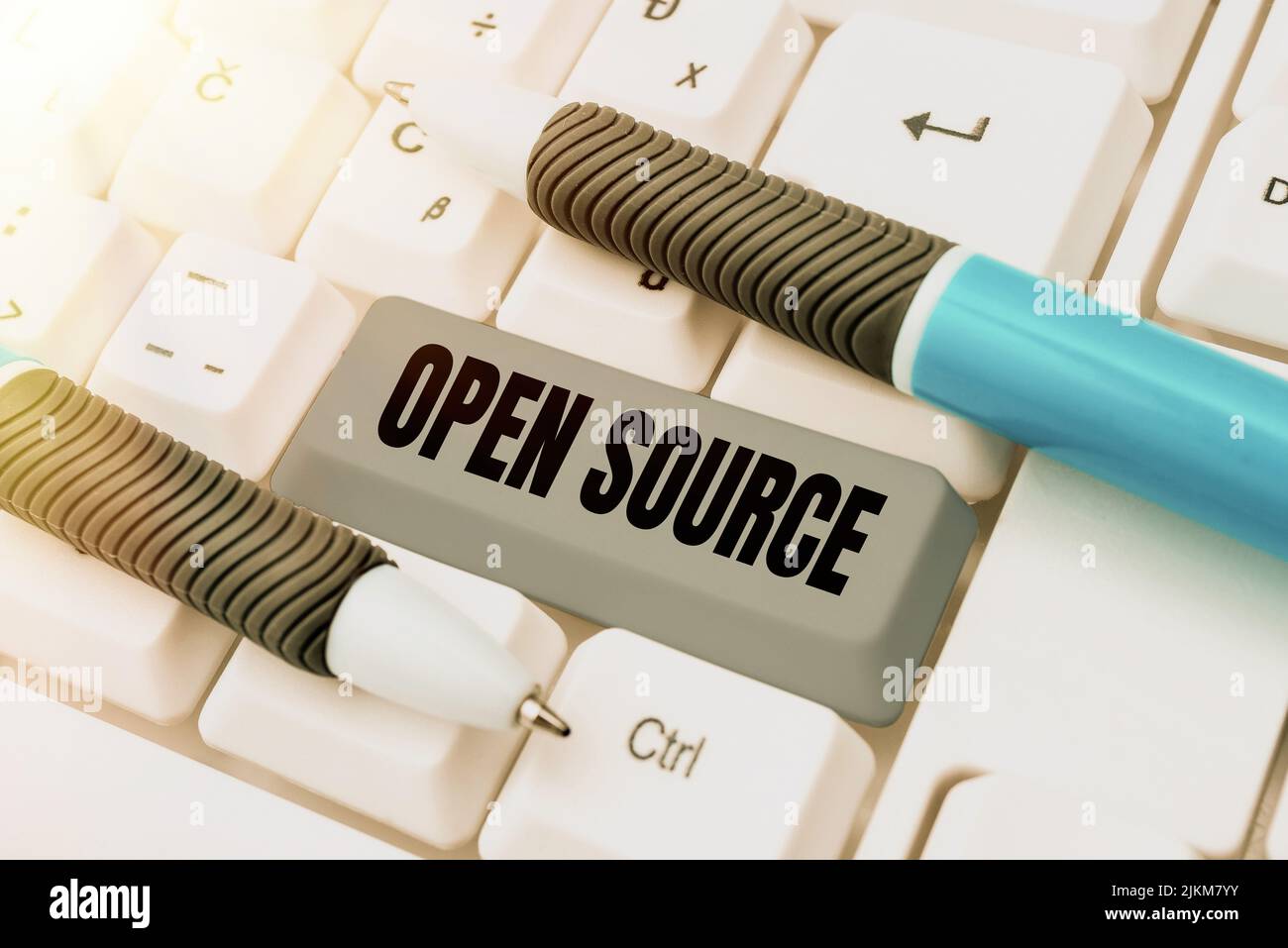 Writing displaying text Open Source. Business overview denoting software which original source ...