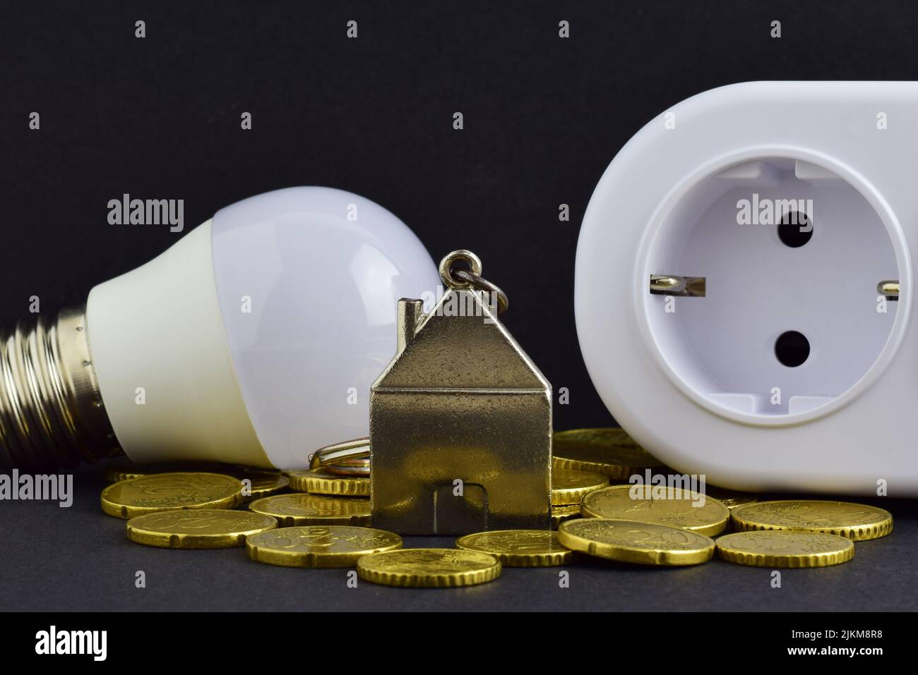 The golden coins and a plug with a bulb isolated on a black background ...