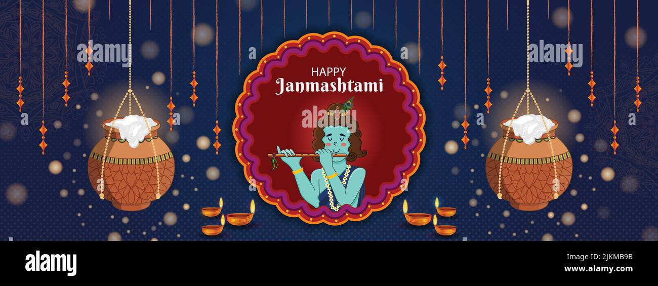 Happy Krishna Janmashtami background with matki, makhan, flute, peacock ...