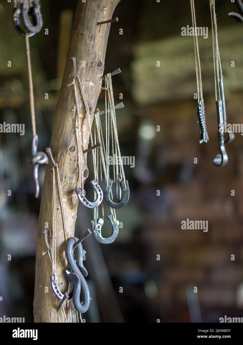 A selective of small horseshoes hanging from a branch in a smithy Stock ...