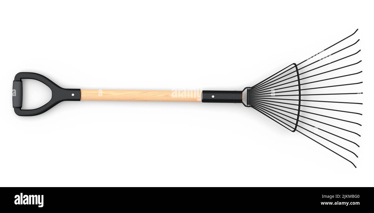Garden rake with wooden handle for harvesting hay isolated on white ...