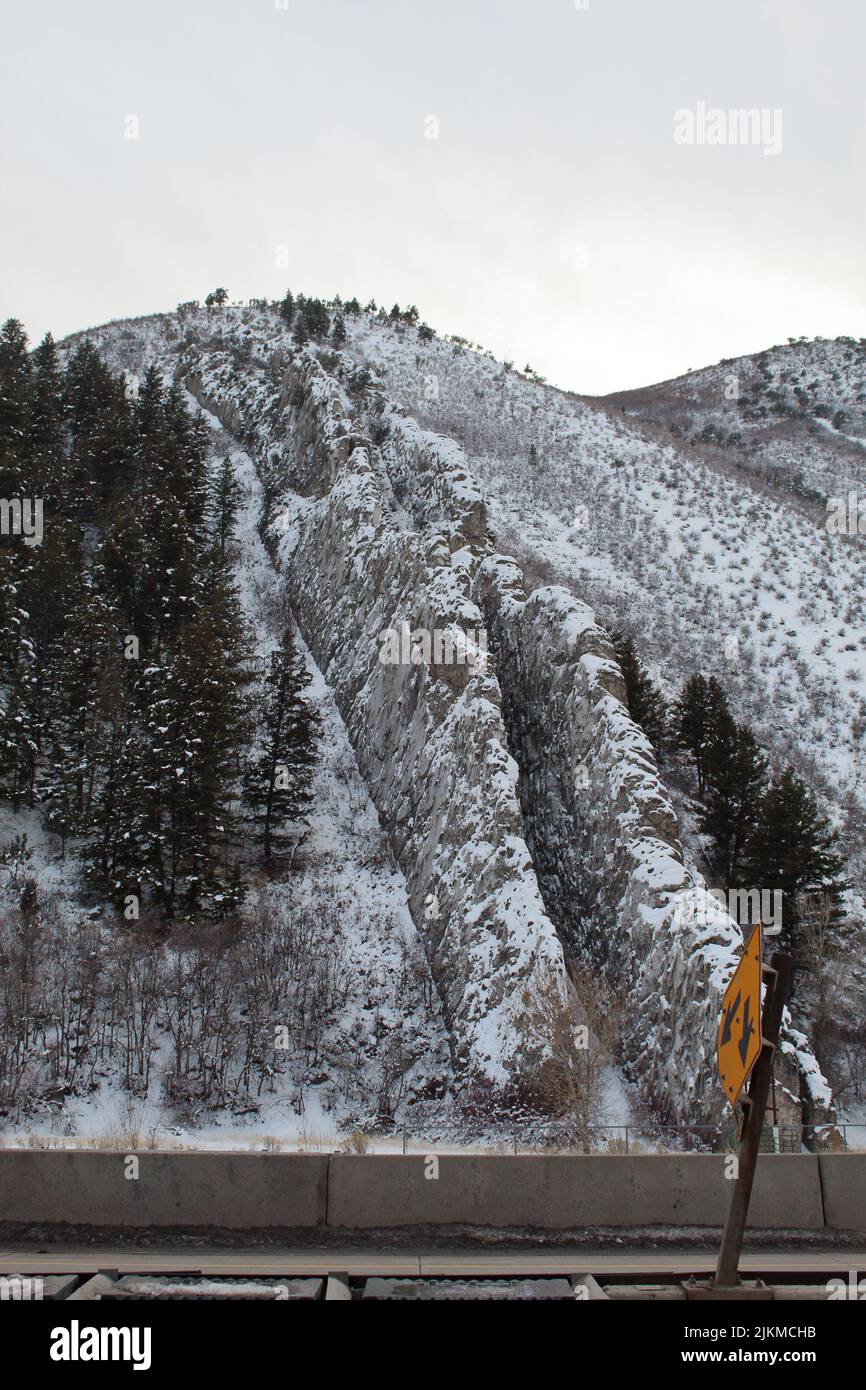 A vertical shot of the Devil's Slide in winter-a coastal promontory in ...