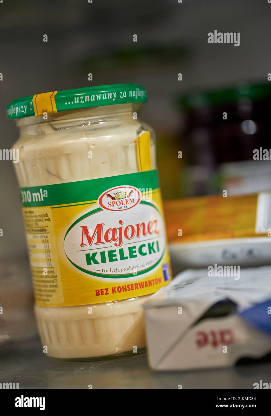 A vertical shot of a Kielecki brand mayonnaise in a glass jar Stock ...